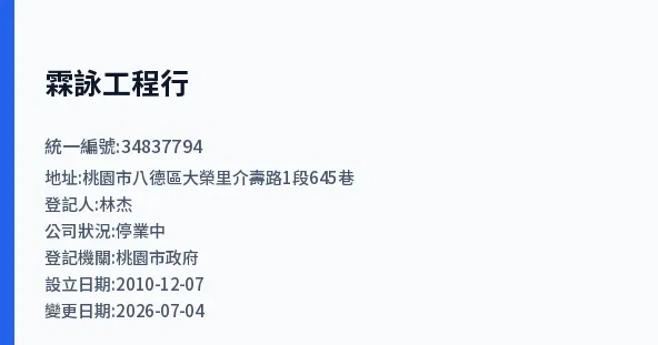 霖詠工程行的照片-統編 34837794(桃園市) 公司登記資料與營業項目詳細圖表