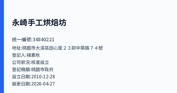 永崎手工烘焙坊的照片-統編 34840221(桃園市) 公司登記資料與營業項目詳細圖表