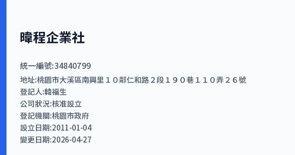 暐程企業社的照片-統編 34840799(桃園市) 公司登記資料與營業項目詳細圖表