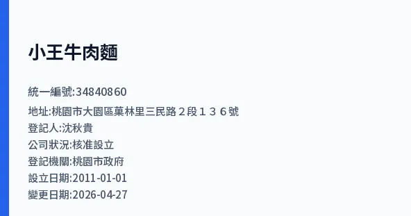 小王牛肉麵的照片-統編 34840860(桃園市) 公司登記資料與營業項目詳細圖表