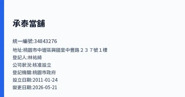 承泰當舖的照片-統編 34843276(桃園市) 公司登記資料與營業項目詳細圖表
