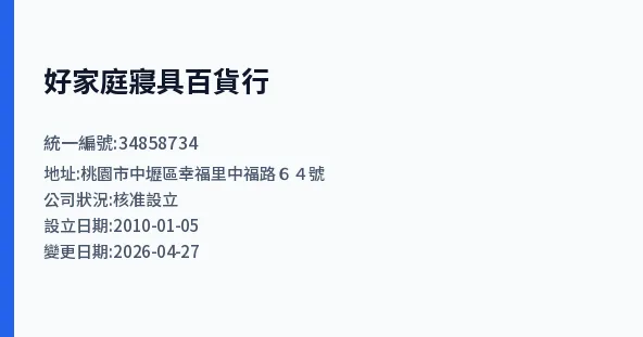 好家庭寢具百貨行的照片-統編 34858734(桃園市) 公司登記資料與營業項目詳細圖表