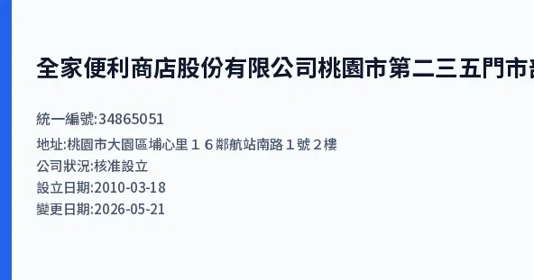 全家便利商店股份有限公司桃園市第二三五門市部的照片-統編 34865051(桃園市) 公司登記資料與營業項目詳細圖表