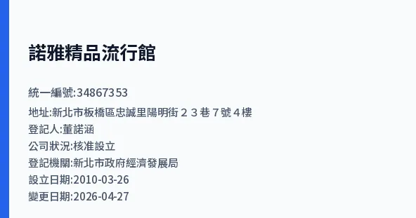 諾雅精品流行館的照片-統編 34867353(新北市) 公司登記資料與營業項目詳細圖表
