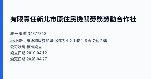 有限責任新北市原住民機關勞務勞動合作社的照片-統編 34877818(新北市) 公司登記資料與營業項目詳細圖表