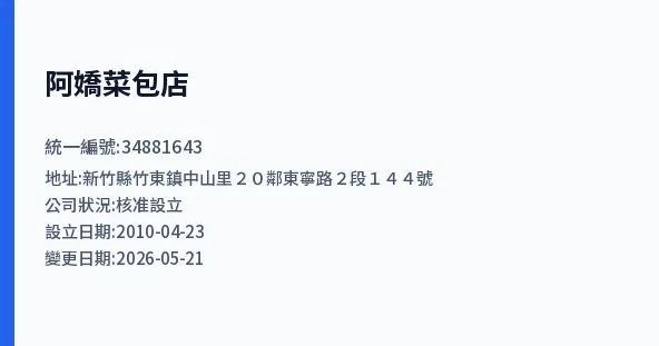 阿嬌菜包店的照片-統編 34881643(新竹縣) 公司登記資料與營業項目詳細圖表