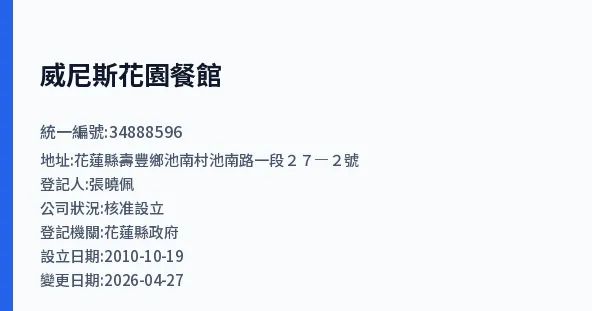 威尼斯花園餐館的照片-統編 34888596(花蓮縣) 公司登記資料與營業項目詳細圖表
