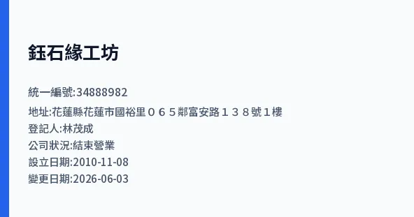 鈺石緣工坊的照片-統編 34888982(花蓮縣) 公司登記資料與營業項目詳細圖表