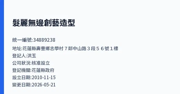 髮麗無邊創藝造型的照片-統編 34889238(花蓮縣) 公司登記資料與營業項目詳細圖表