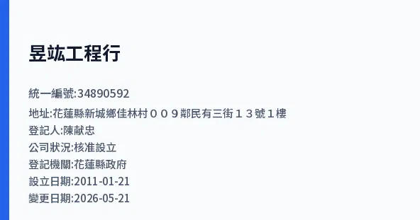 昱竑工程行的照片-統編 34890592(花蓮縣) 公司登記資料與營業項目詳細圖表