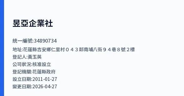 昱亞企業社的照片-統編 34890734(花蓮縣) 公司登記資料與營業項目詳細圖表