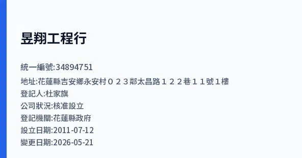 昱翔工程行的照片-統編 34894751(花蓮縣) 公司登記資料與營業項目詳細圖表