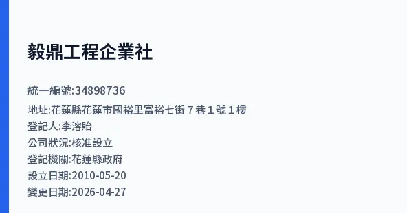 毅鼎工程企業社的照片-統編 34898736(花蓮縣) 公司登記資料與營業項目詳細圖表