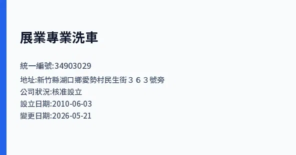 展業專業洗車的照片-統編 34903029(新竹縣) 公司登記資料與營業項目詳細圖表