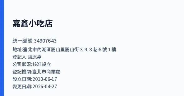 嘉鑫小吃店的照片-統編 34907643(臺北市) 公司登記資料與營業項目詳細圖表
