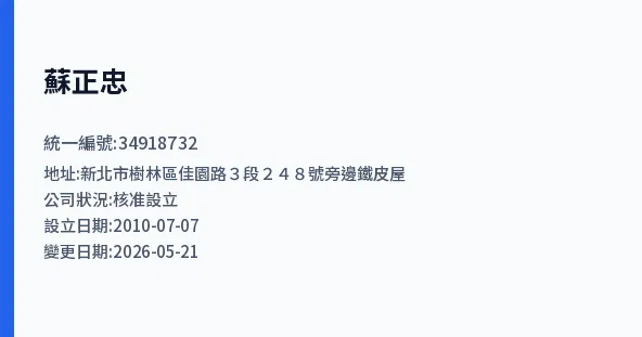 蘇正忠的照片-統編 34918732(新北市) 公司登記資料與營業項目詳細圖表