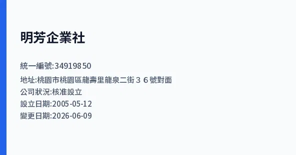 明芳企業社的照片-統編 34919850(桃園市) 公司登記資料與營業項目詳細圖表