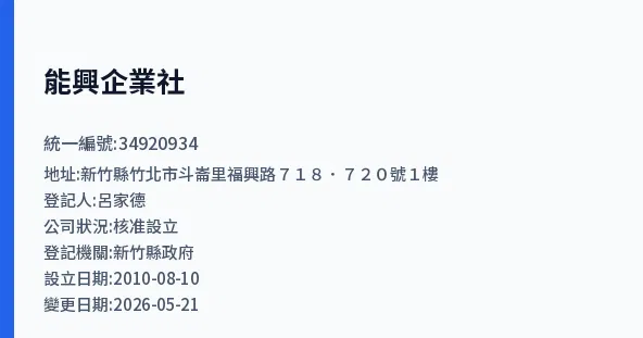 能興企業社的照片-統編 34920934(新竹縣) 公司登記資料與營業項目詳細圖表