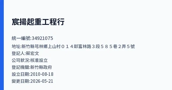 宸揚起重工程行的照片-統編 34921075(新竹縣) 公司登記資料與營業項目詳細圖表