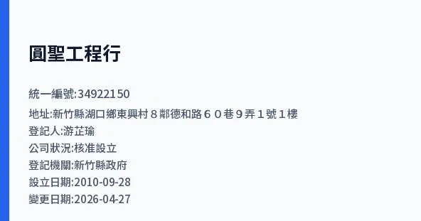 圓聖工程行的照片-統編 34922150(新竹縣) 公司登記資料與營業項目詳細圖表