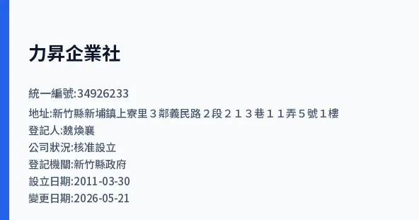 力昇企業社的照片-統編 34926233(新竹縣) 公司登記資料與營業項目詳細圖表