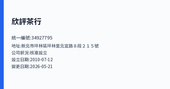 欣評茶行的照片-統編 34927795(新北市) 公司登記資料與營業項目詳細圖表