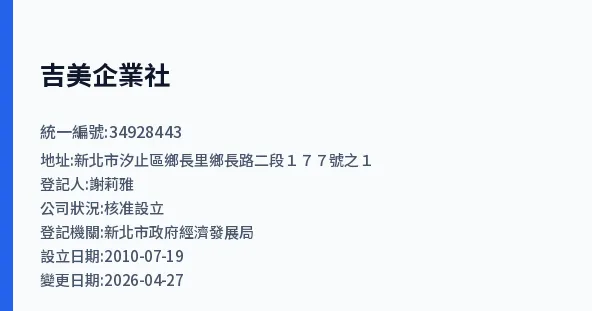 吉美企業社的照片-統編 34928443(新北市) 公司登記資料與營業項目詳細圖表