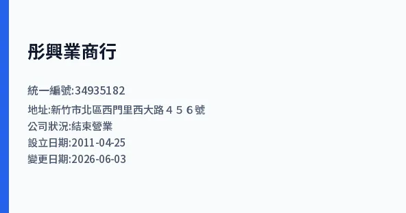 彤興業商行的照片-統編 34935182(新竹市) 公司登記資料與營業項目詳細圖表