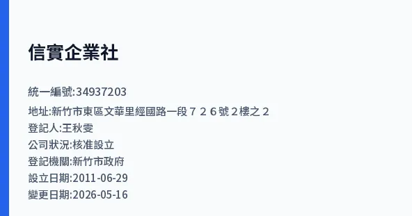 信實企業社的照片-統編 34937203(新竹市) 公司登記資料與營業項目詳細圖表