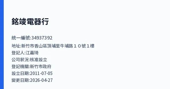 銘竣電器行的照片-統編 34937392(新竹市) 公司登記資料與營業項目詳細圖表