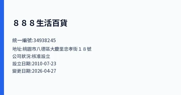888生活百貨的照片-統編 34938245(桃園市) 公司登記資料與營業項目詳細圖表