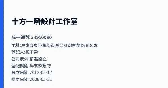 十方一瞬設計工作室的照片-統編 34950090(屏東縣) 公司登記資料與營業項目詳細圖表