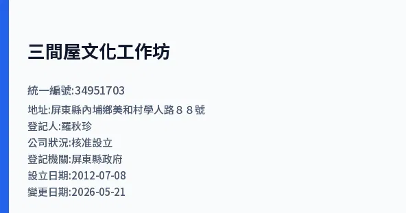 三間屋文化工作坊的照片-統編 34951703(屏東縣) 公司登記資料與營業項目詳細圖表