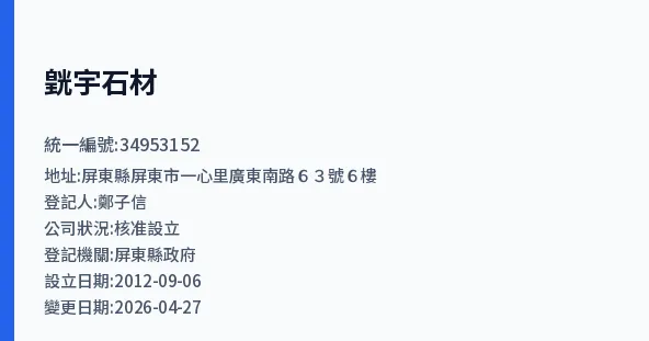 皝宇石材的照片-統編 34953152(屏東縣) 公司登記資料與營業項目詳細圖表