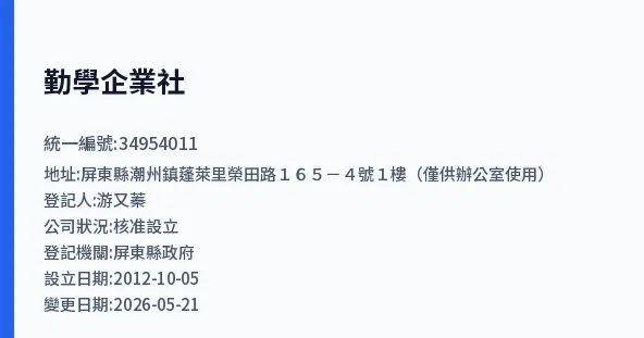 勤學企業社的照片-統編 34954011(屏東縣) 公司登記資料與營業項目詳細圖表