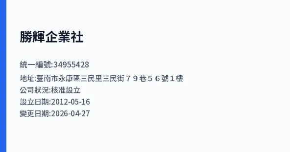 勝輝企業社的照片-統編 34955428(臺南市) 公司登記資料與營業項目詳細圖表