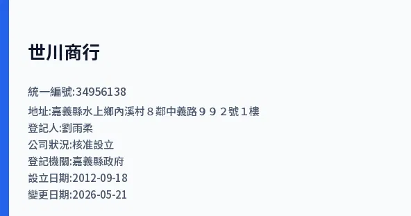 世川商行的照片-統編 34956138(嘉義縣) 公司登記資料與營業項目詳細圖表