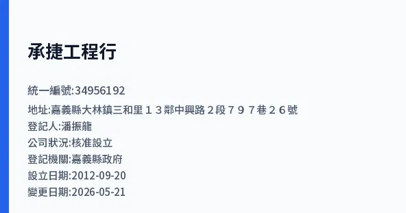 承捷工程行的照片-統編 34956192(嘉義縣) 公司登記資料與營業項目詳細圖表