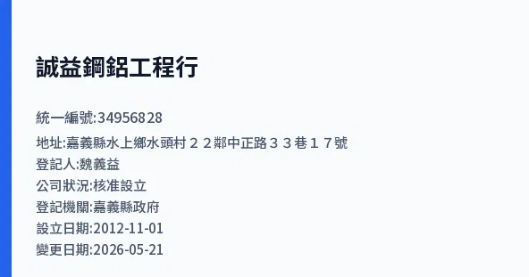 誠益鋼鋁工程行的照片-統編 34956828(嘉義縣) 公司登記資料與營業項目詳細圖表