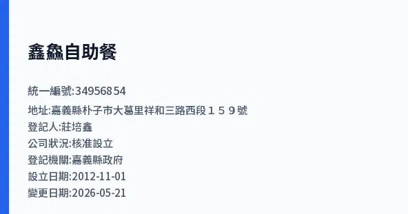 鑫鱻自助餐的照片-統編 34956854(嘉義縣) 公司登記資料與營業項目詳細圖表