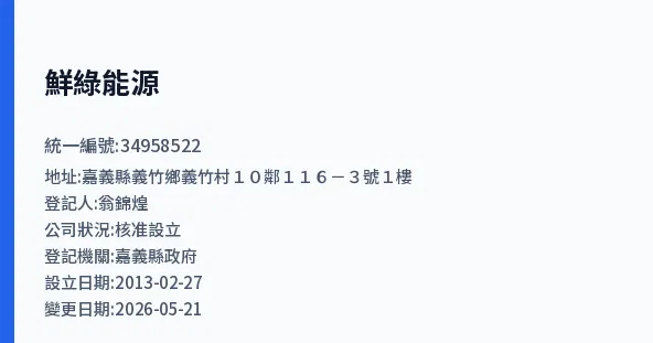 鮮綠能源的照片-統編 34958522(嘉義縣) 公司登記資料與營業項目詳細圖表