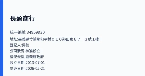 長盈商行的照片-統編 34959830(嘉義縣) 公司登記資料與營業項目詳細圖表