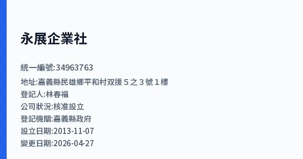 永展企業社的照片-統編 34963763(嘉義縣) 公司登記資料與營業項目詳細圖表
