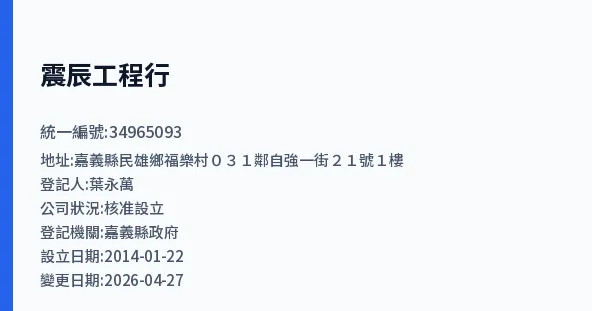 震辰工程行的照片-統編 34965093(嘉義縣) 公司登記資料與營業項目詳細圖表