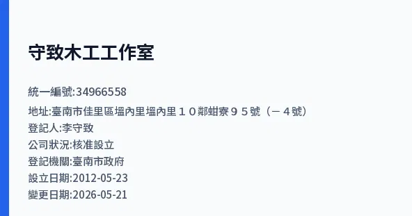 守致木工工作室的照片-統編 34966558(臺南市) 公司登記資料與營業項目詳細圖表