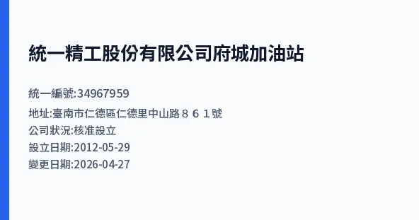 統一精工股份有限公司府城加油站的照片-統編 34967959(臺南市) 公司登記資料與營業項目詳細圖表