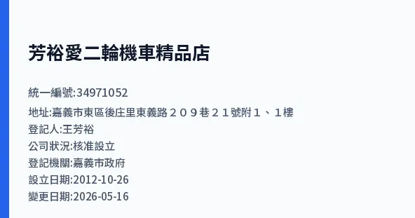 芳裕愛二輪機車精品店的照片-統編 34971052(嘉義市) 公司登記資料與營業項目詳細圖表
