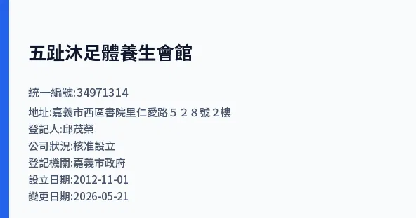 五趾沐足體養生會館的照片-統編 34971314(嘉義市) 公司登記資料與營業項目詳細圖表