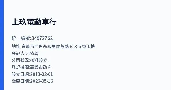上玖電動車行的照片-統編 34972762(嘉義市) 公司登記資料與營業項目詳細圖表