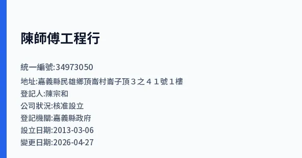陳師傅工程行的照片-統編 34973050(嘉義縣) 公司登記資料與營業項目詳細圖表